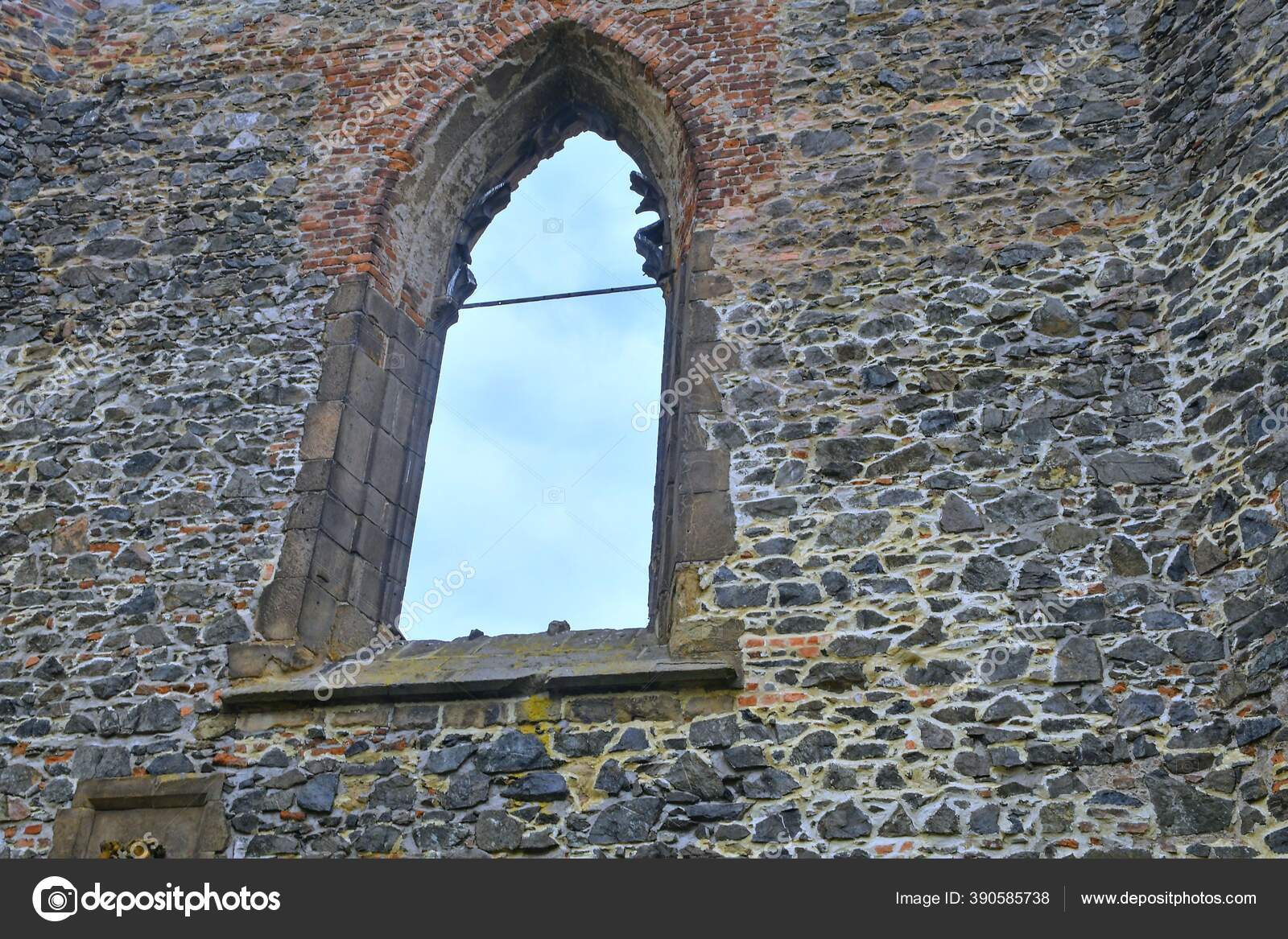Gothic window. Ruins of medieval convent. Convent at Dolni Kounice ...