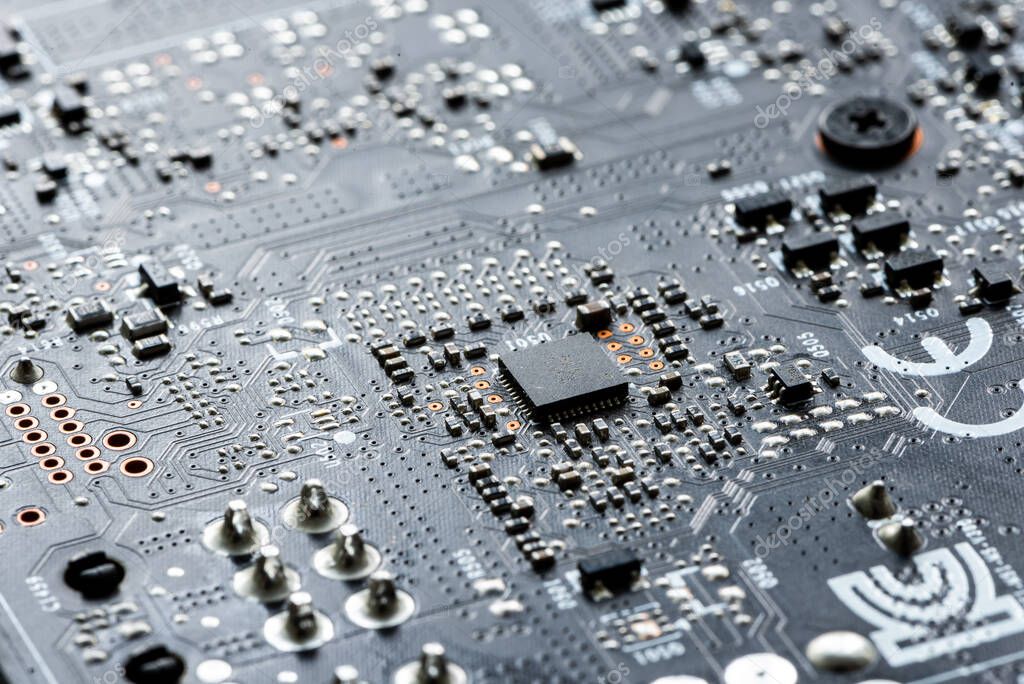 Placa de circuito impreso PCB electrónica en primer plano macro con ...