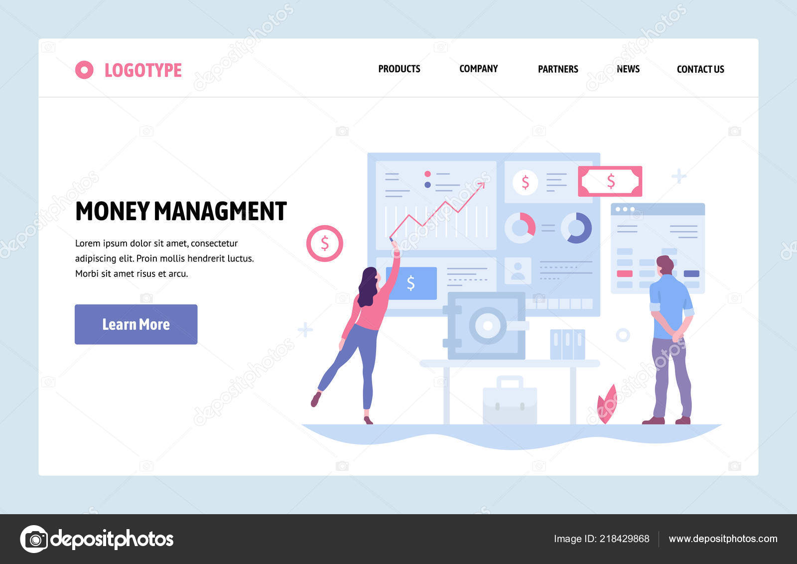 Vector web site linear art design template. Finance charts and diagrams ...