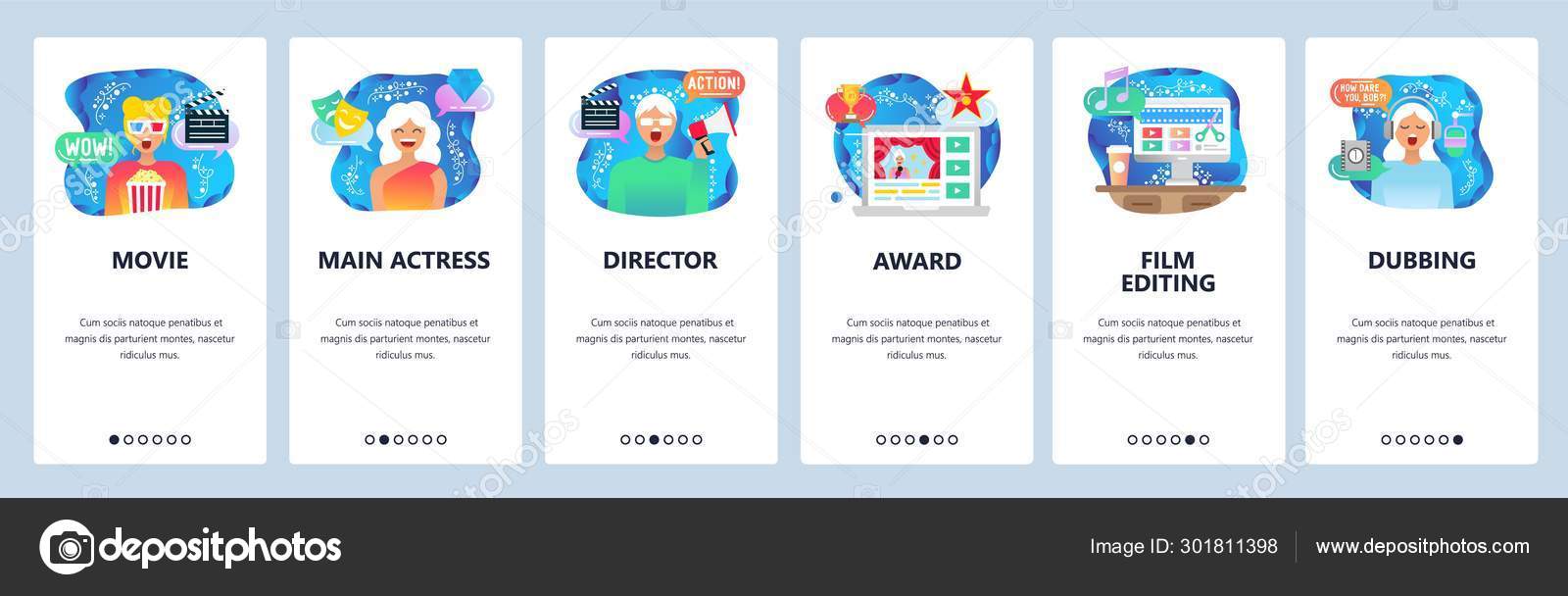 Mobile app onboarding screens. Movie production, film director, cinema ...
