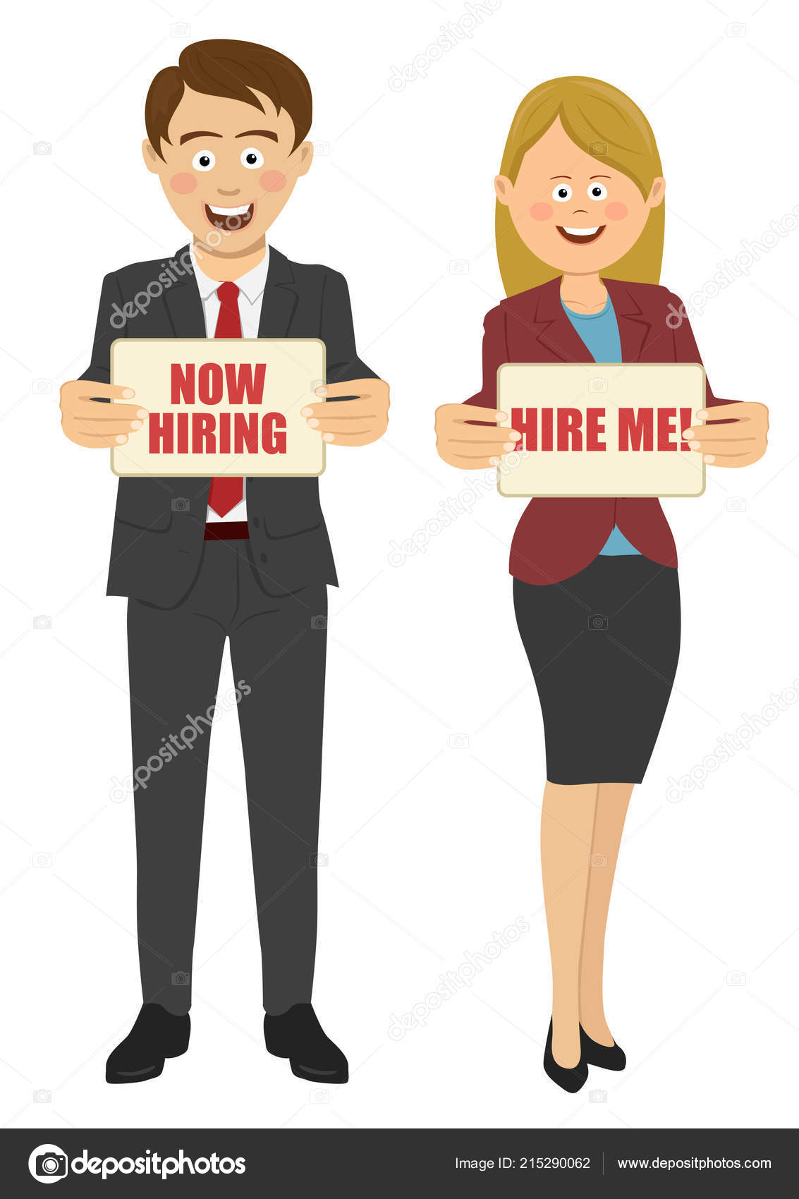 Gente de negocios sosteniendo juntas con cartel contratándome y ahora ...