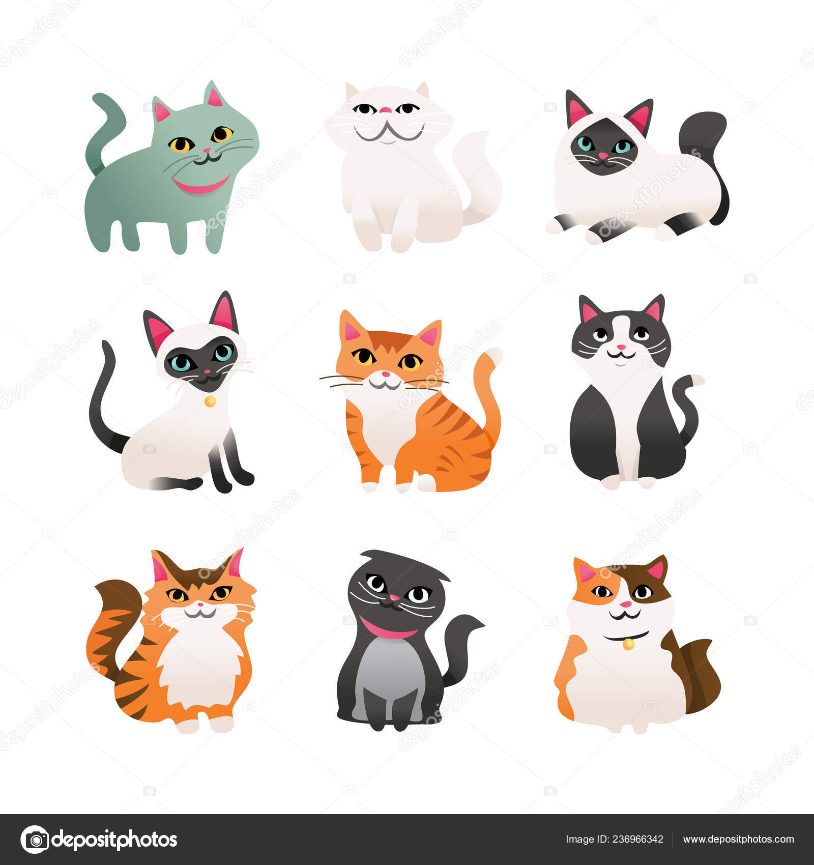 Cartoon Vector Illustration Nine Different Cute Cartoon Cats Various ...