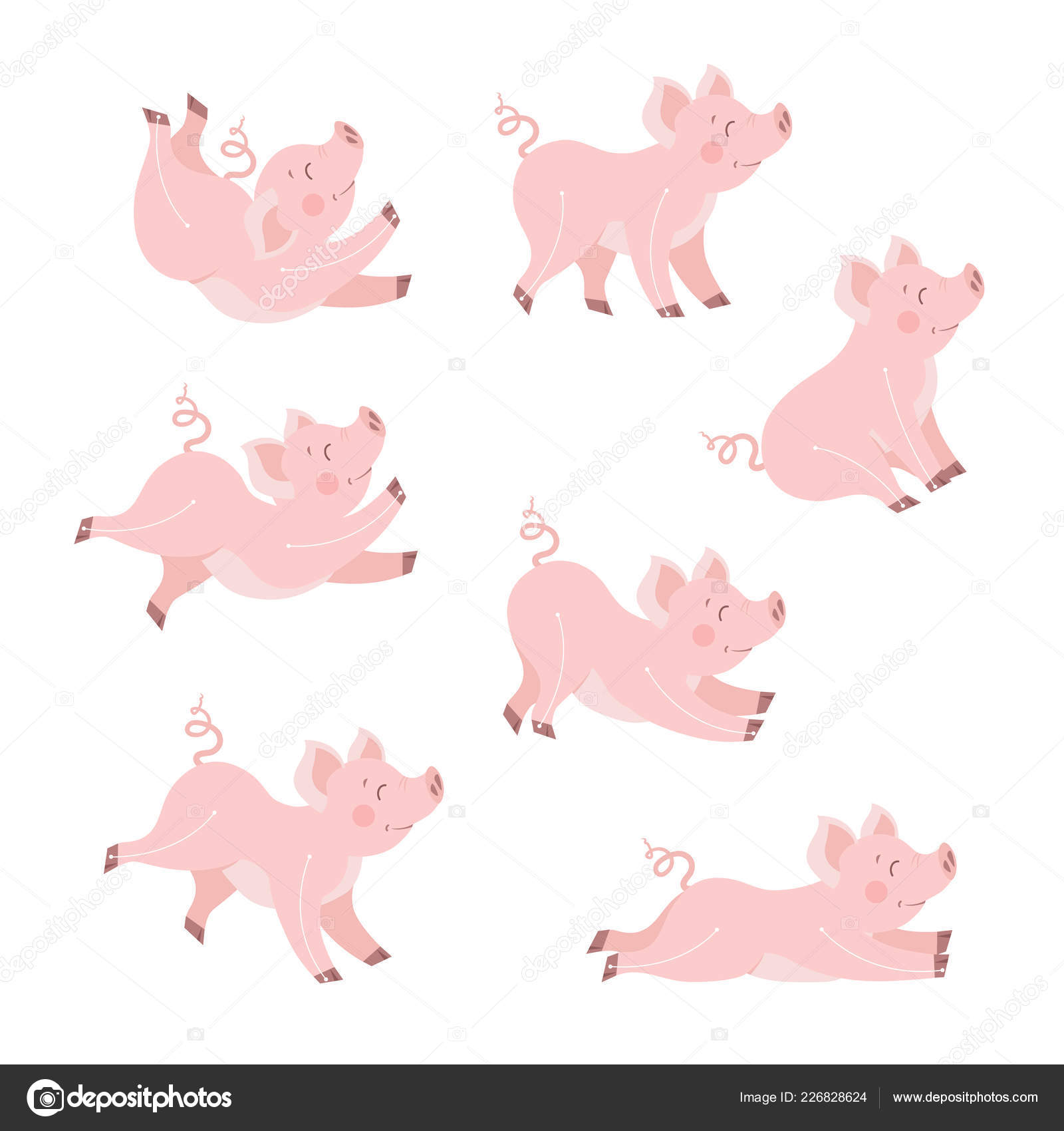 Cute Pig Animation Set Vector Illustration Happy Piggy Collection ...