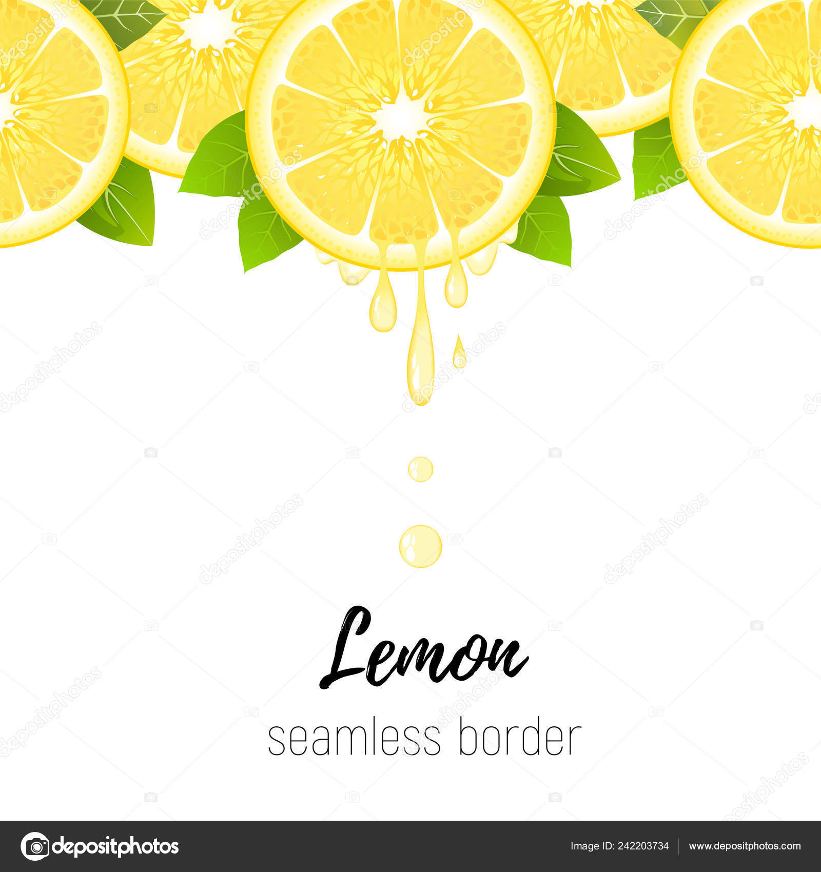 Realistic lemon slice seamless border isolated on white. Fresh citrus ...