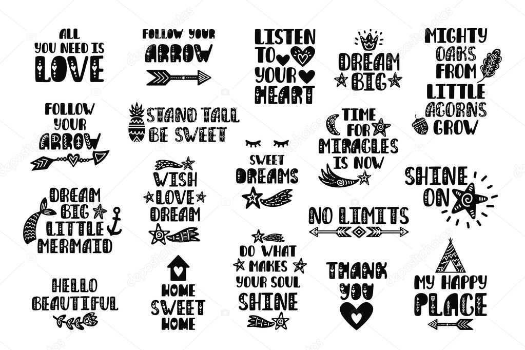 Conjunto de citas inspiradoras imprimibles. Vector frases dibujadas a ...