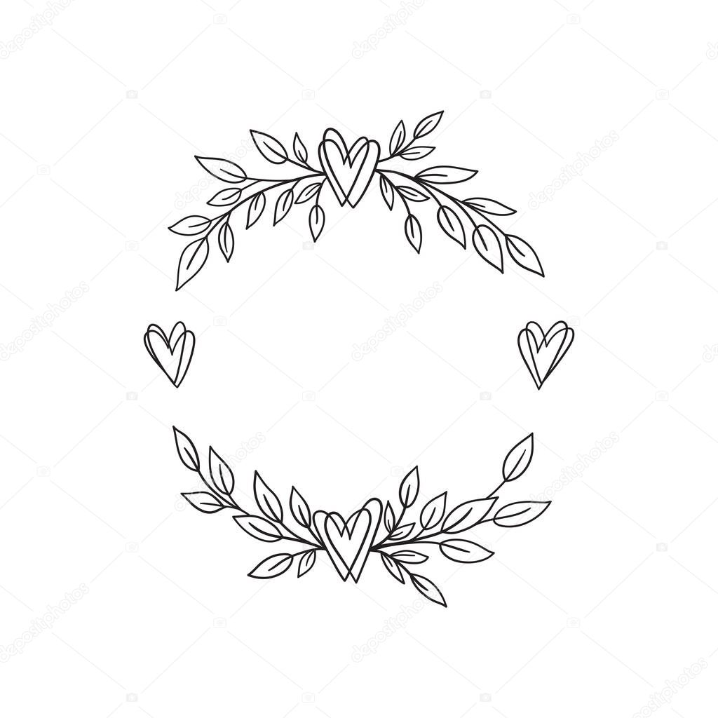 Corona de laurel garabato dibujada a mano con corazones. Bosquejo marco ...