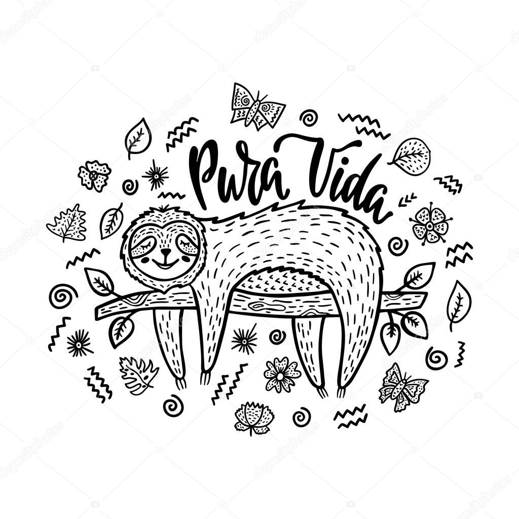 Oso perezoso de dibujos animados colgando de una rama con elementos ...