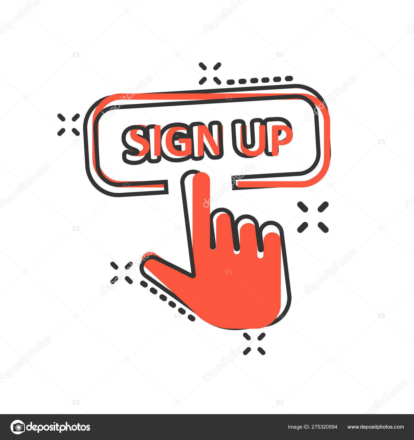 Cadastre-se ícone em estilo cômico. Dedo cursor vetor cartoon illust ...