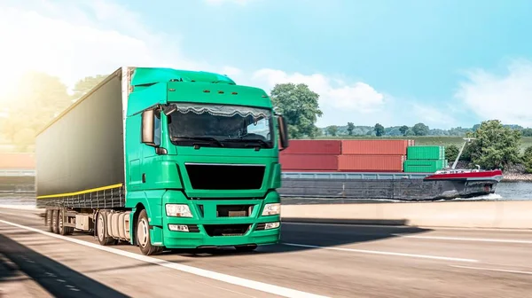 Freight shipping container on the way to port . Logistics and ...