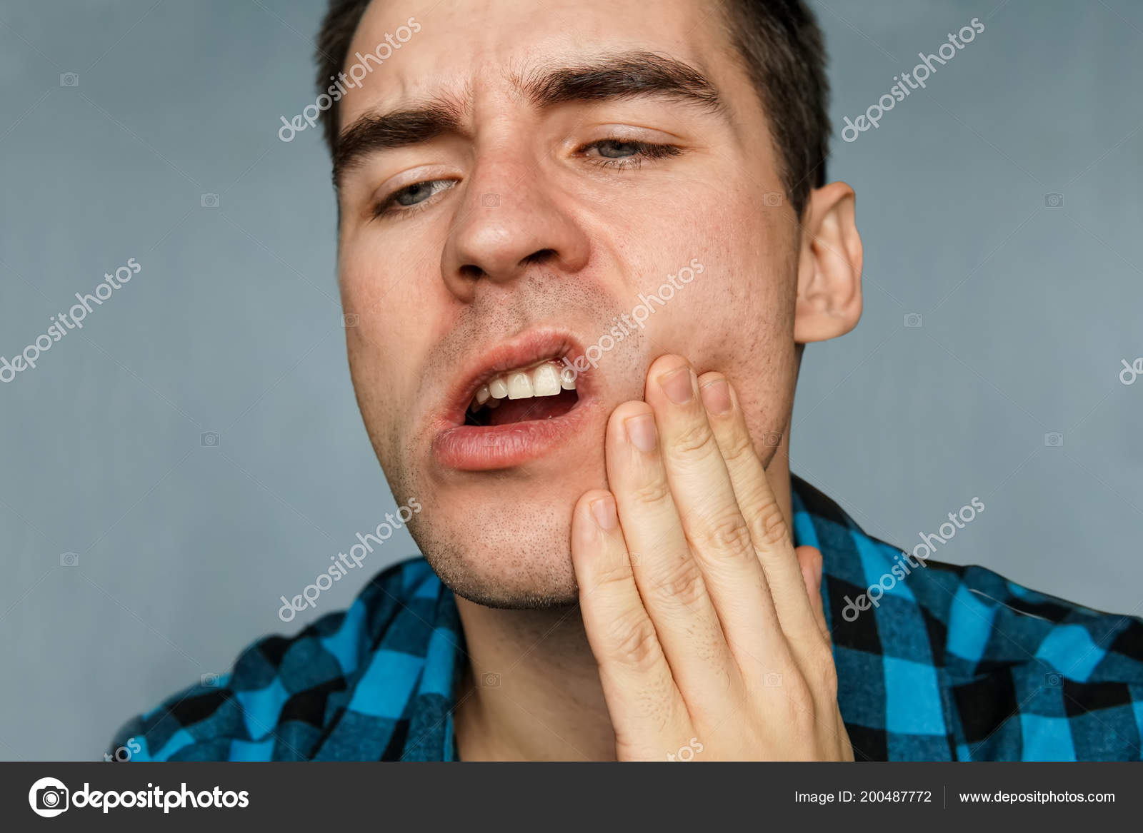Young Man Toothache Blue Background Guy Sore Jaw Holds Back Stock Photo ...
