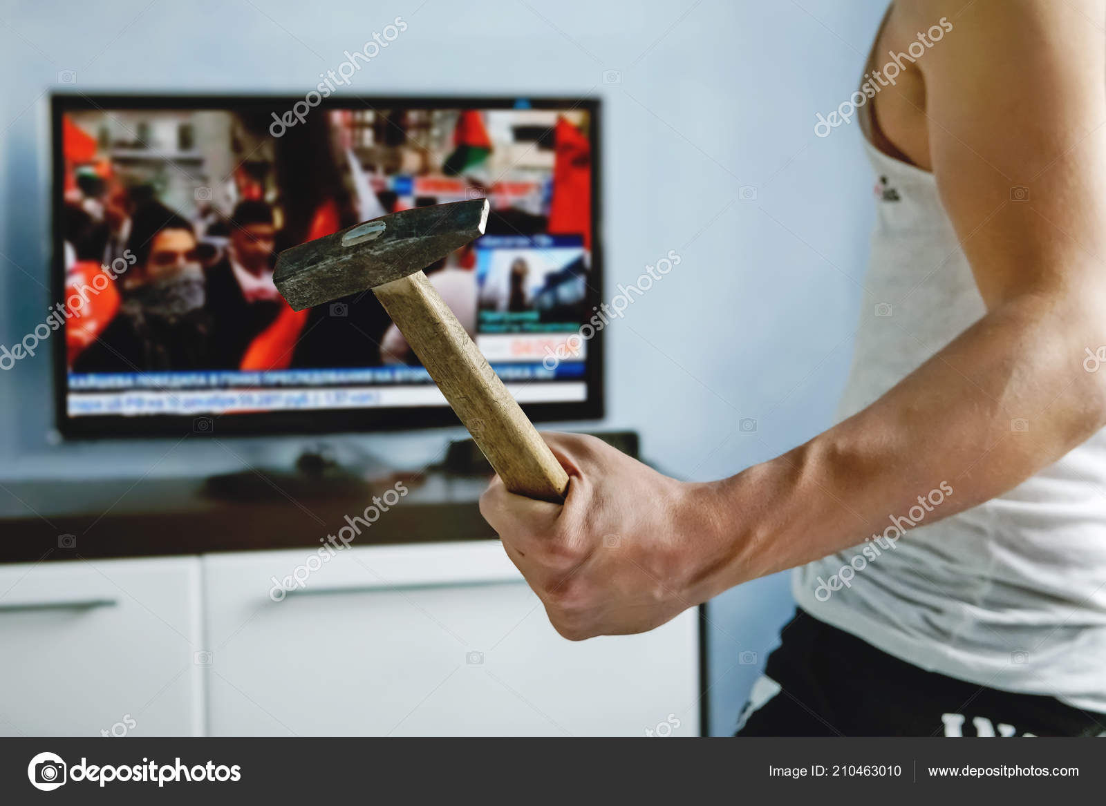Man Watches News Report Protests Angry Guy Smashes Hammer False — Stock ...