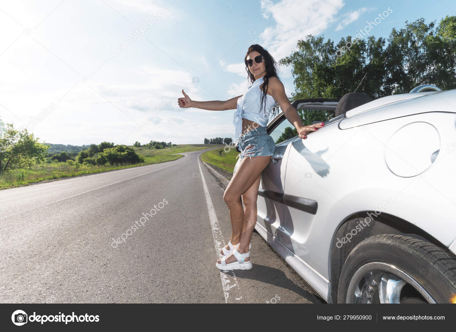 Road Scene Sexy Brunette Girl Standing Near Their Broken Car And