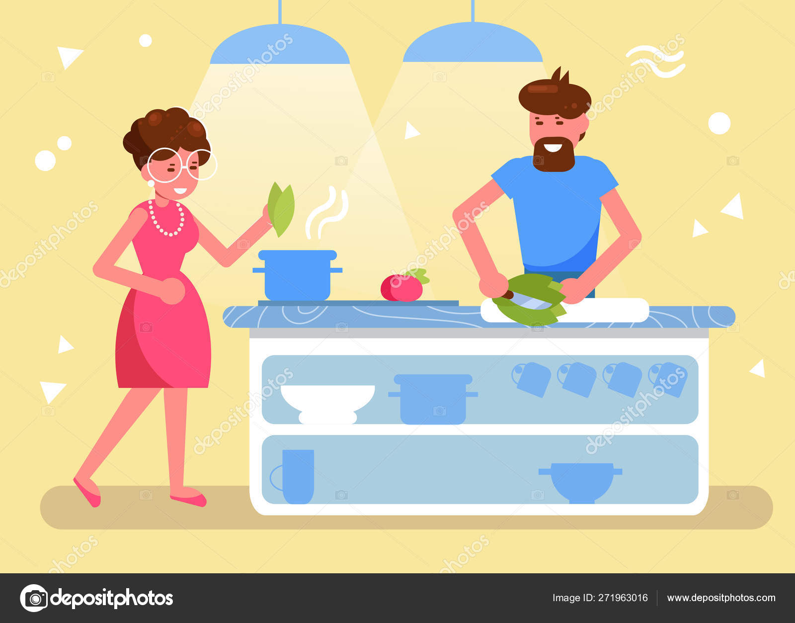 Husband and wife cook together in the kitchen Vector. Cartoon. Isolated ...