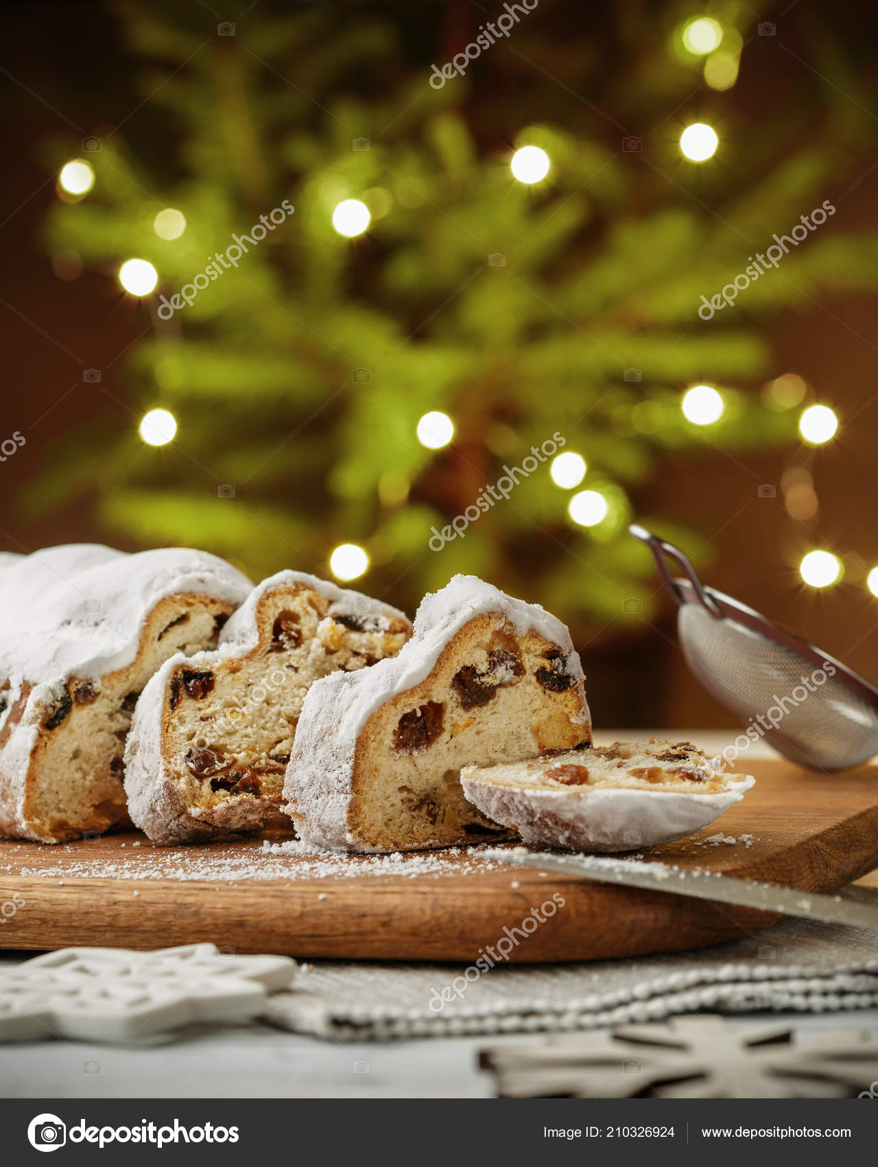 Stollen Traditional German Christmas Yeast Cake Raisins Table Fir Tree ...