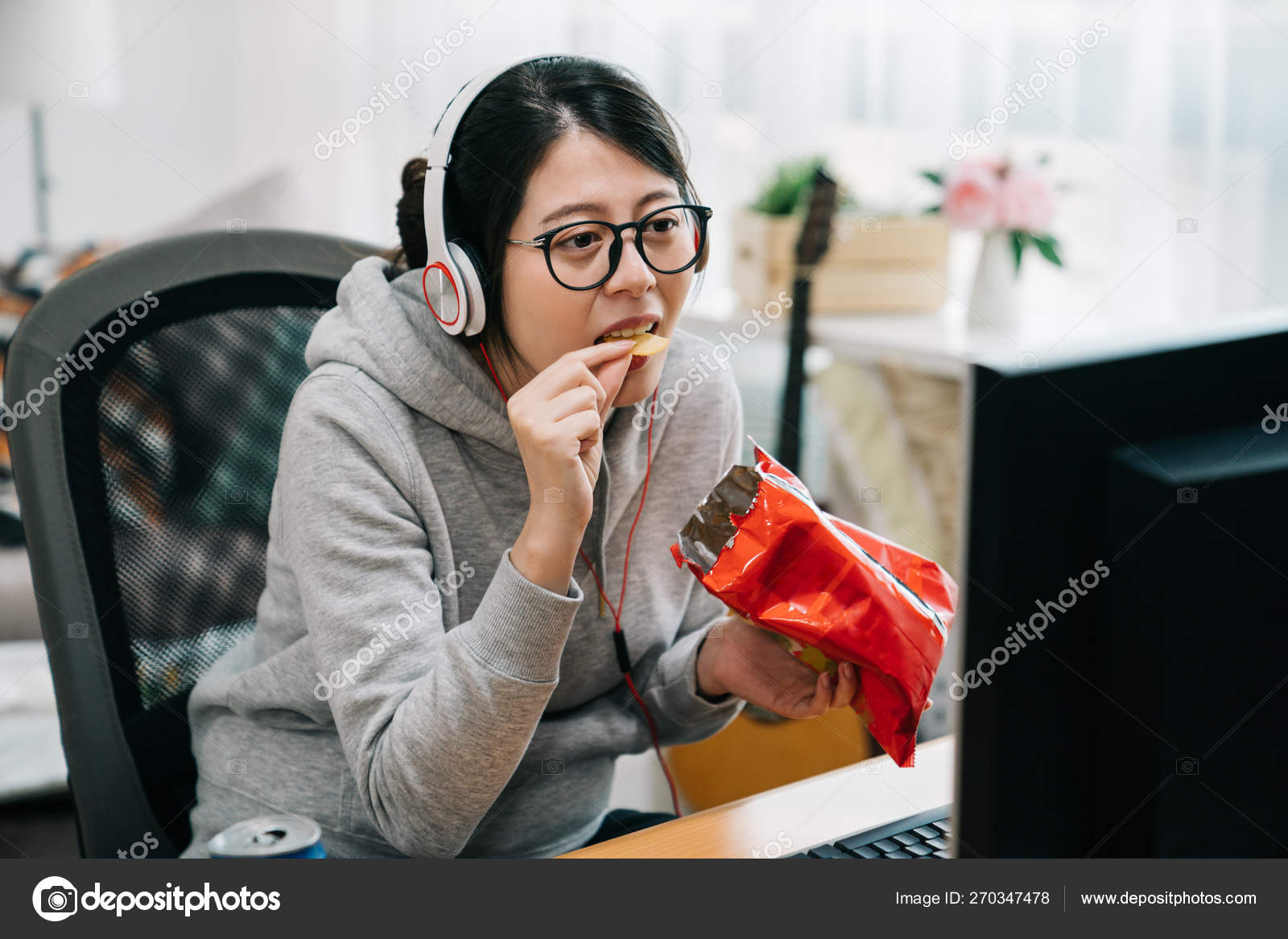 Student on summer break binge watch junk food — Stock Photo ...