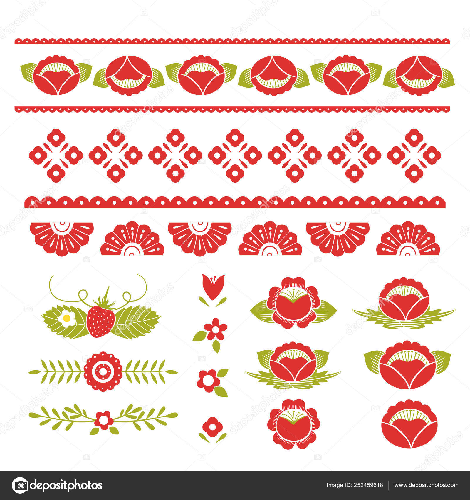 Stylized pattern, folk art, floral ornament in red and green colors ...