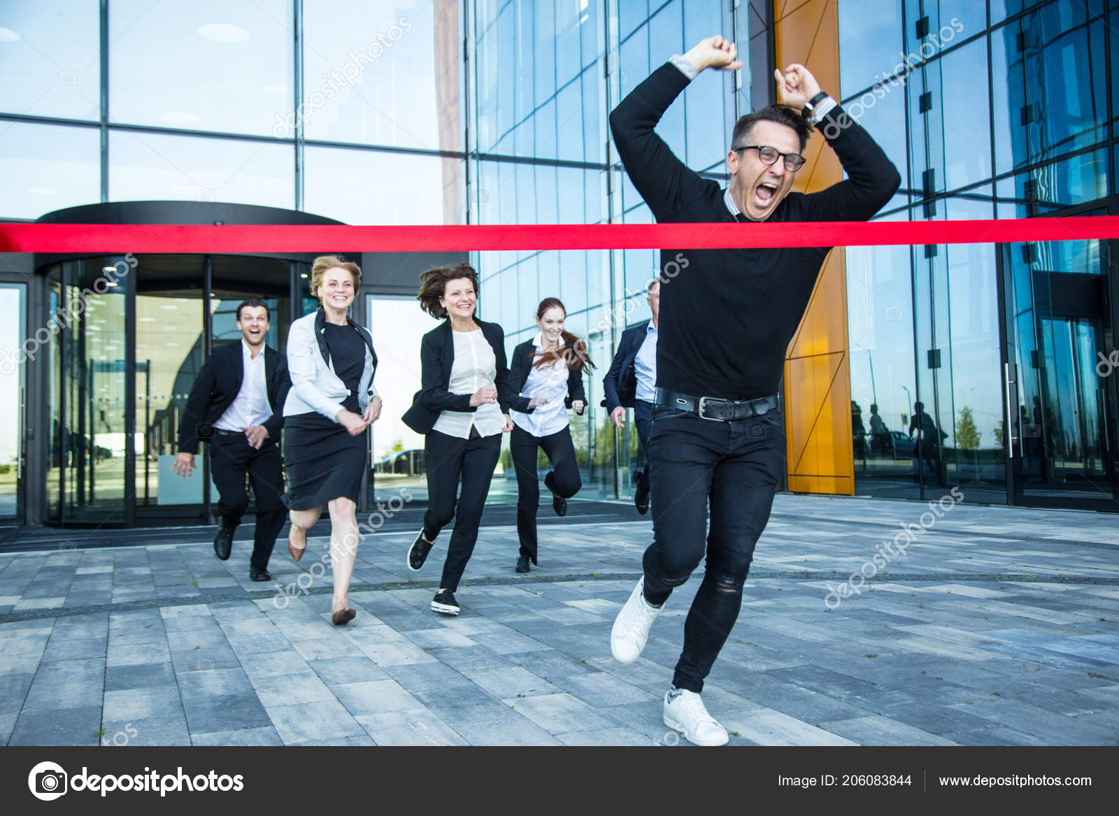 Group Happy Business People Running Office Building Crossing Red Ribbon ...