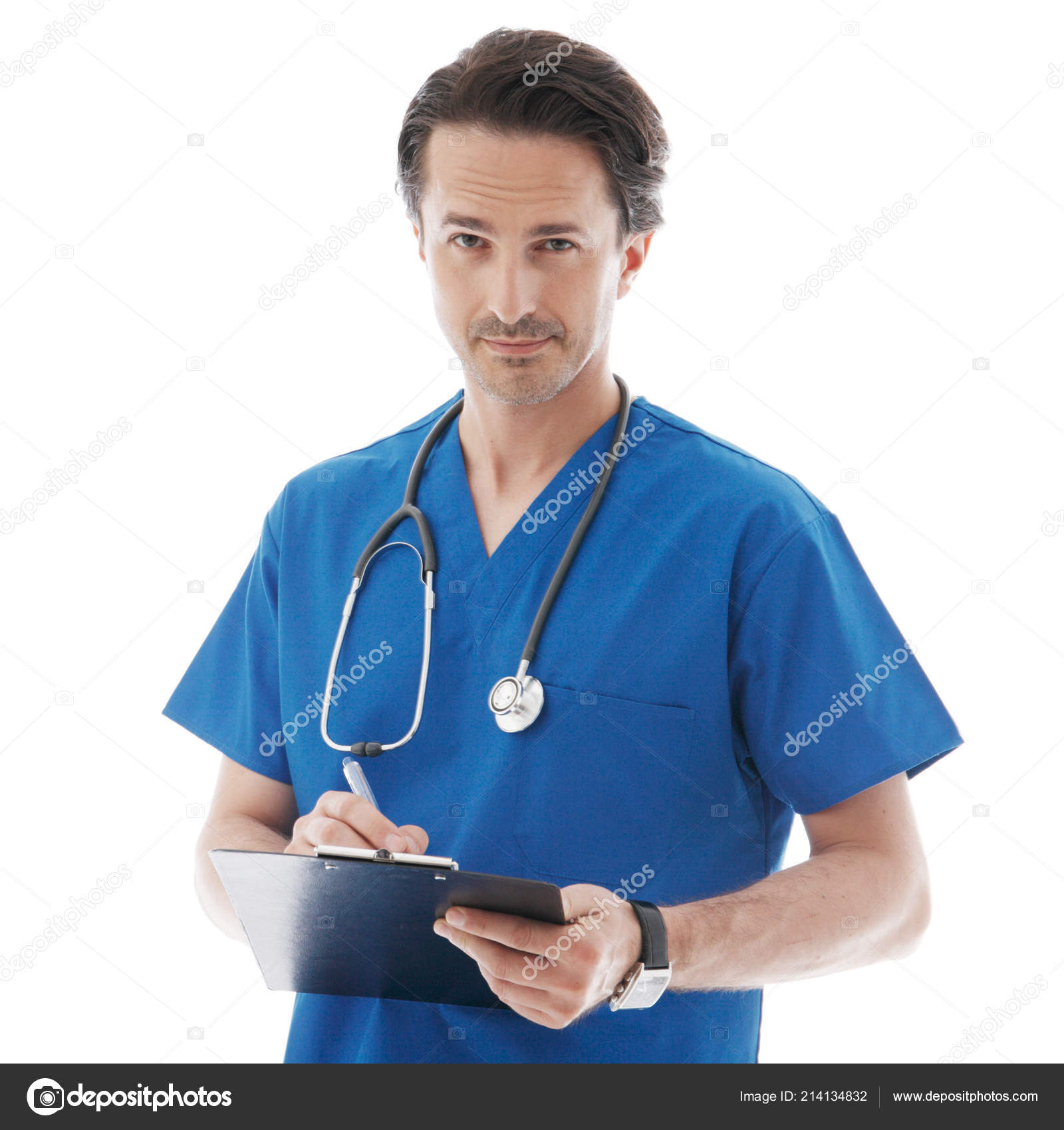 Portrait Young Doctor Blue Uniform Isolated White Background Stock ...