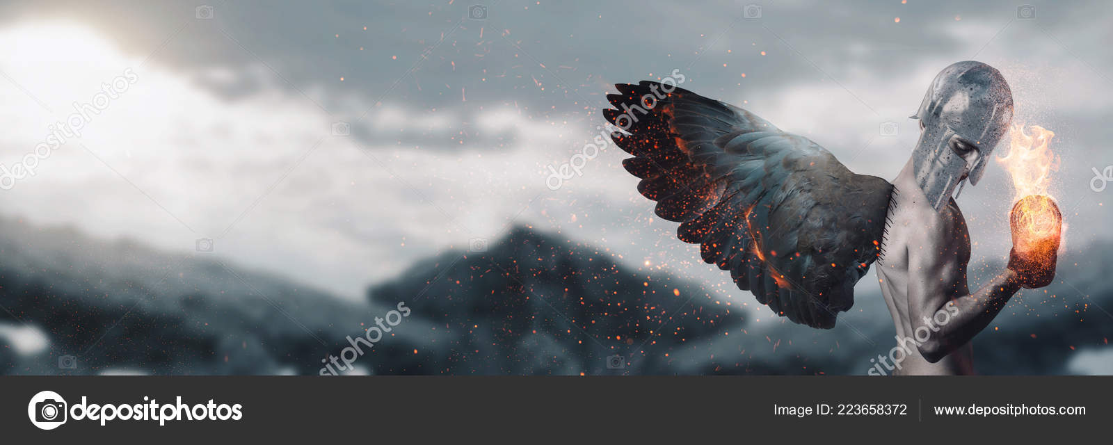 Muscular Knight Wings Fire Lifting Burning Dumbbell Front Blurred ...