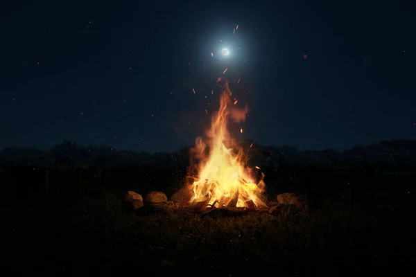 Rendering Big Bonfire Sparks Particles Front Snowy Pine Trees Starry ...