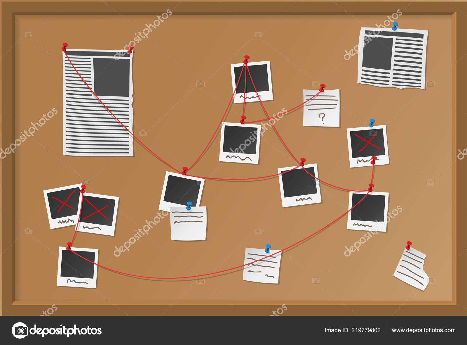 Investigation board with pinned photos, newspapers and notes. Cops plan ...