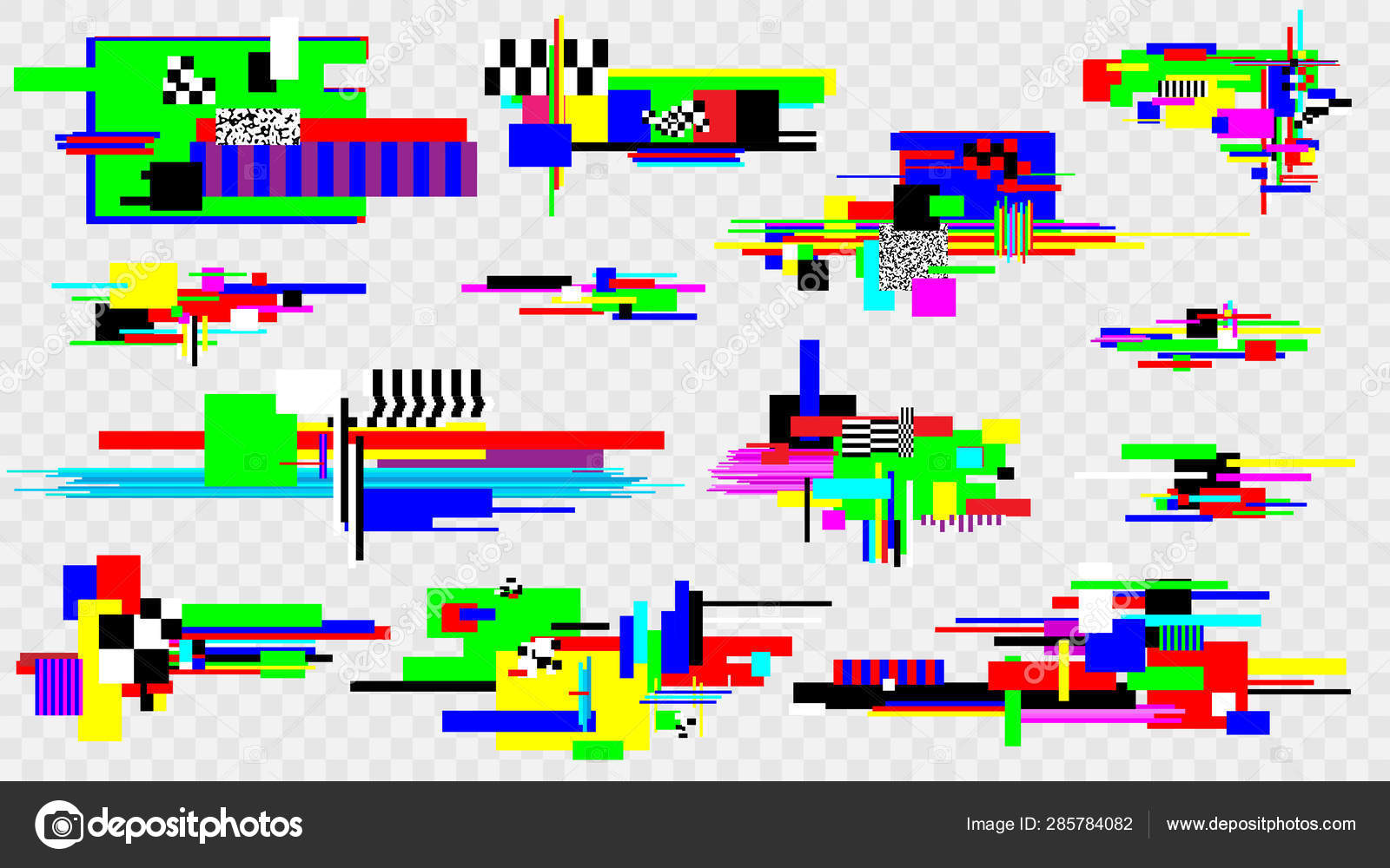 Glitch effect elements set. Pixel noise error design elements. Damaged ...