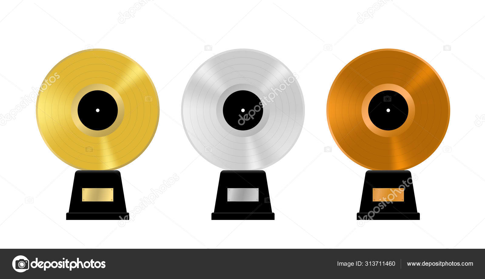 Music awards set. Golden, silver bronze and platinum vinyl records. Old ...