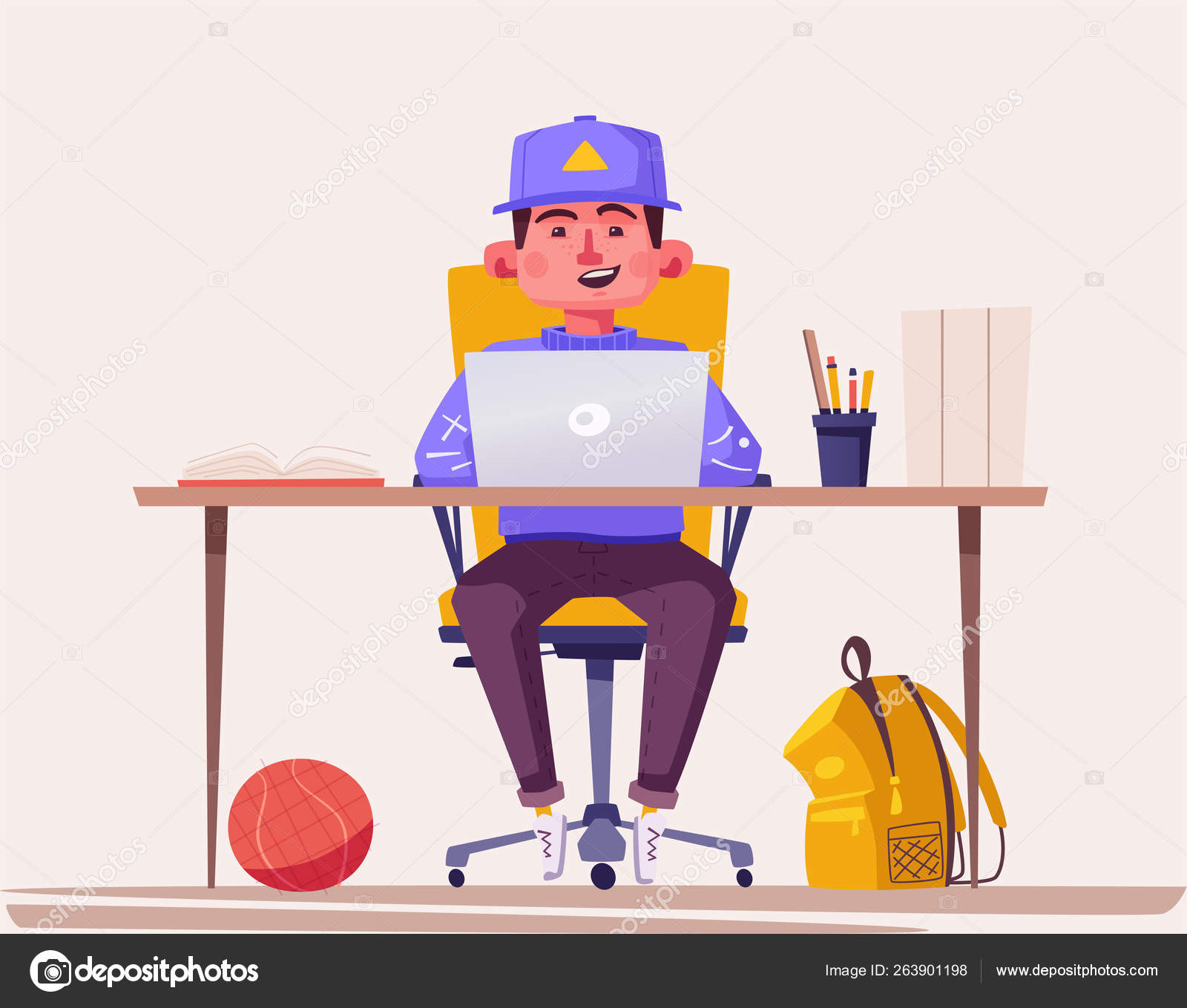 Student or schoolboy studying at the computer. Cartoon vector ...