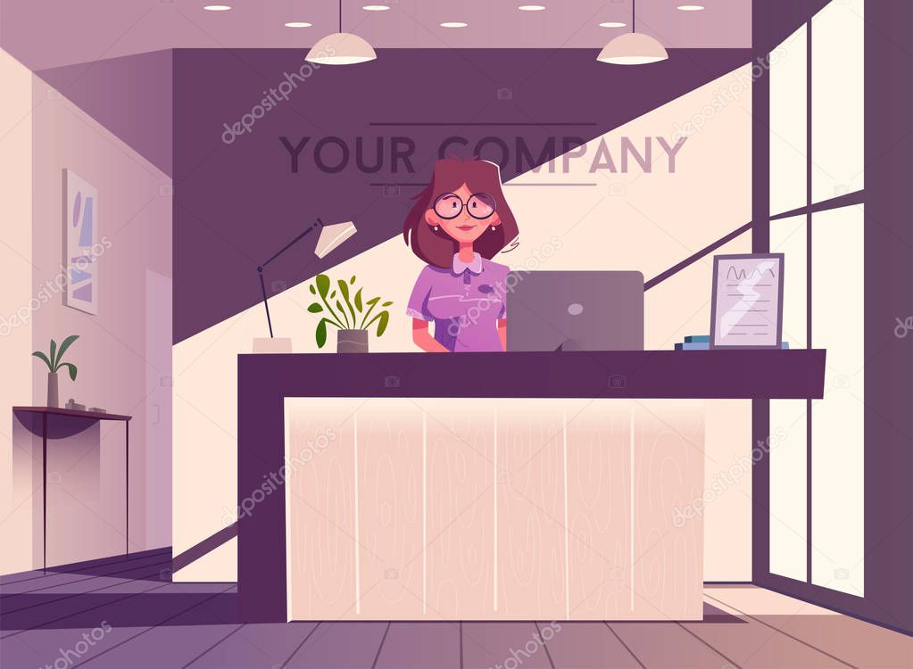Recepción. Personaje recepcionista del hotel. Dibujos animados vector ...