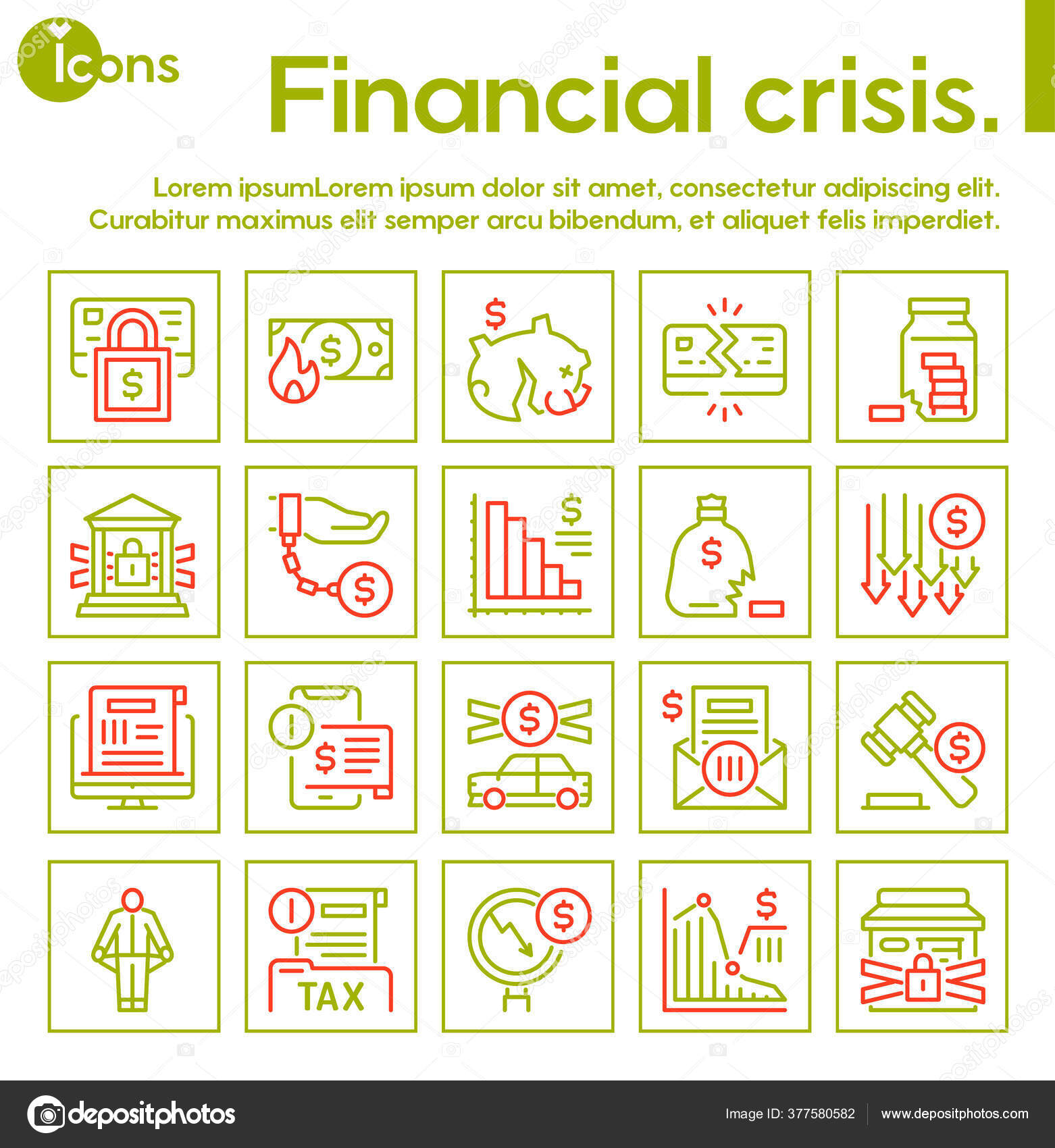 Vector linear icon of financial crisis, economy risk banner set Stock ...