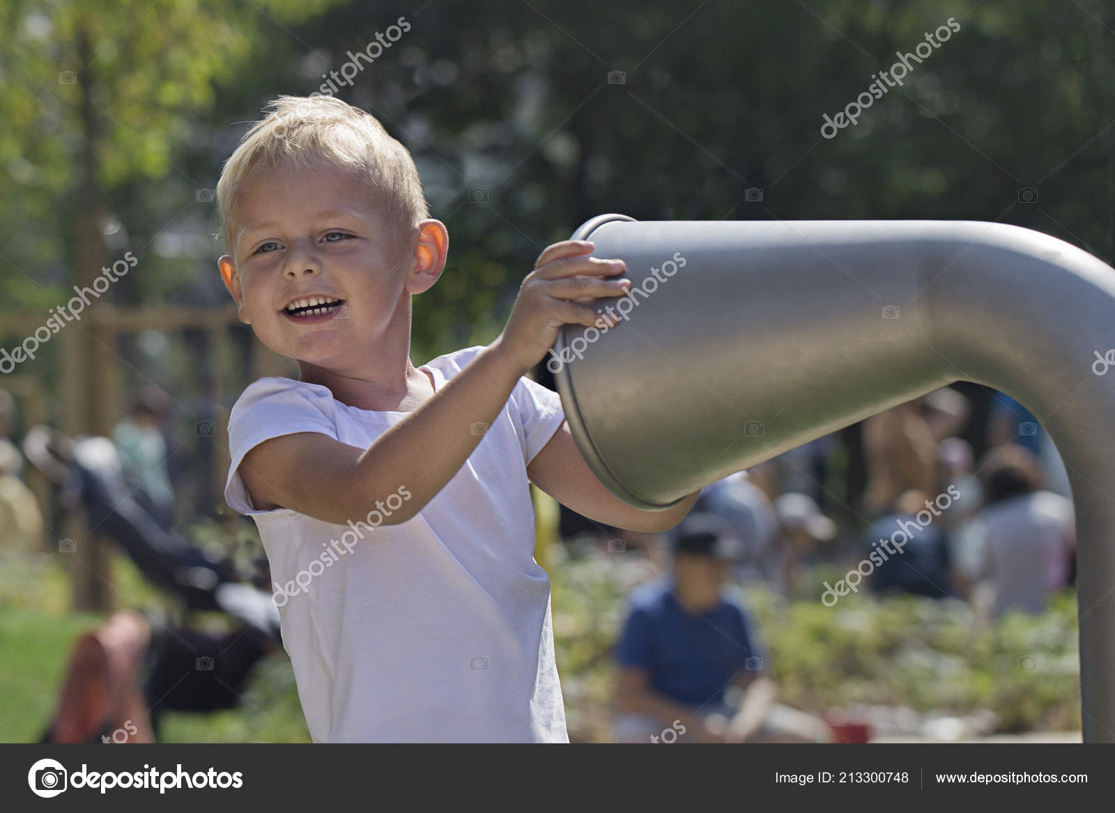 Little Boy Talking Metal Pipe Talks Playground Sunny Summer Day Stock ...