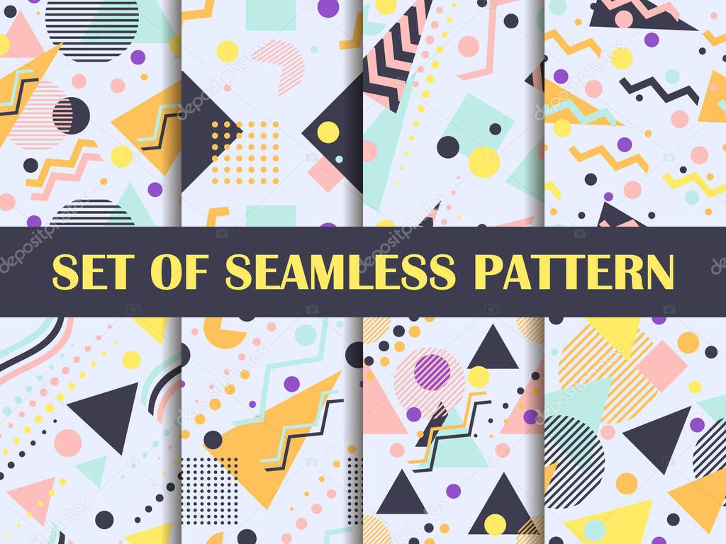 Conjunto de patrones sin costuras de Memphis. Elementos geométricos memphis en el estilo de los ...