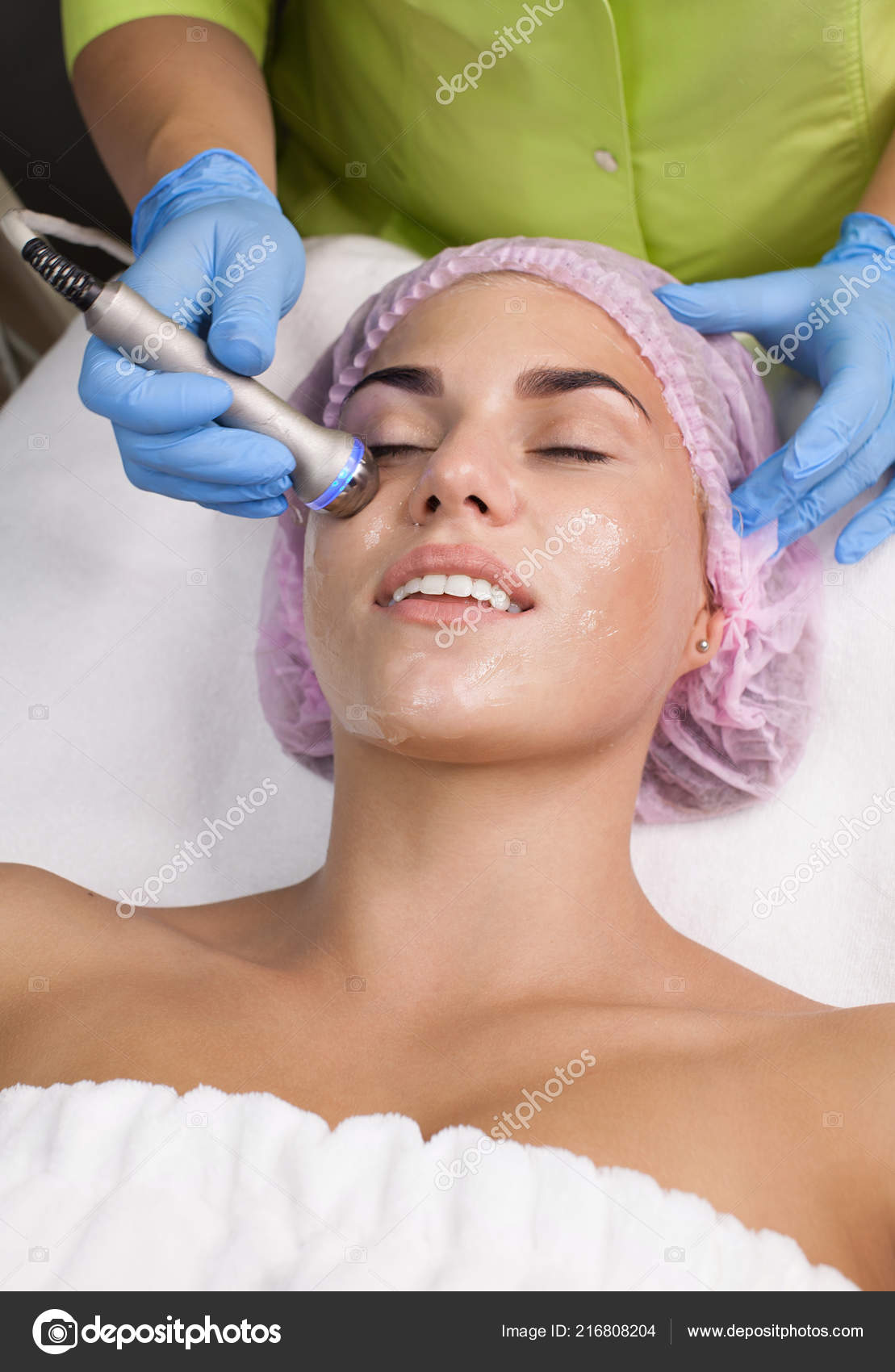 Beautiful Woman Getting Radio Frequency Lifting Her Face Professional ...