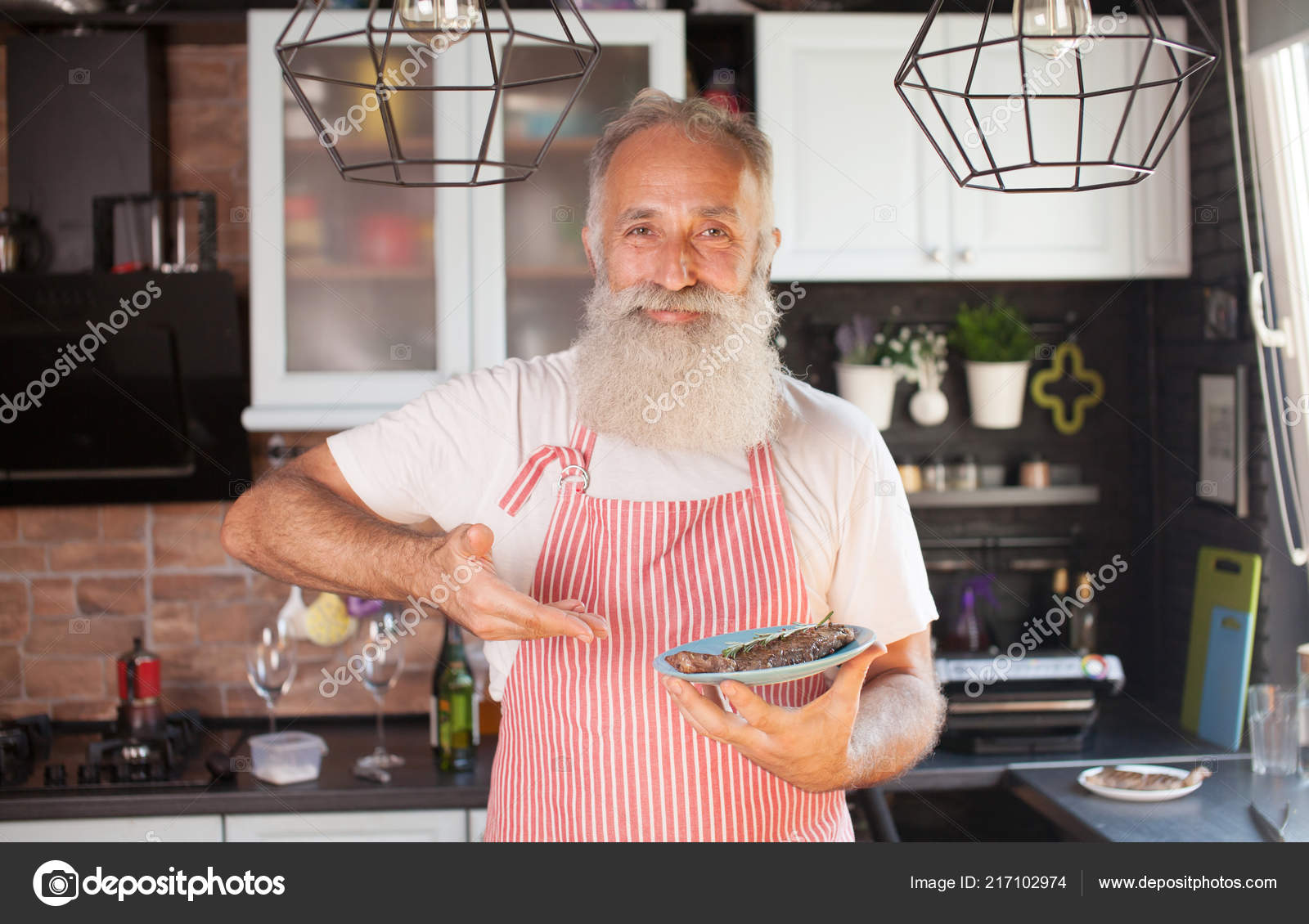 Chef Cook Uniform Handing Plate Pork Dish Man His Kitchen Stock Photo ...