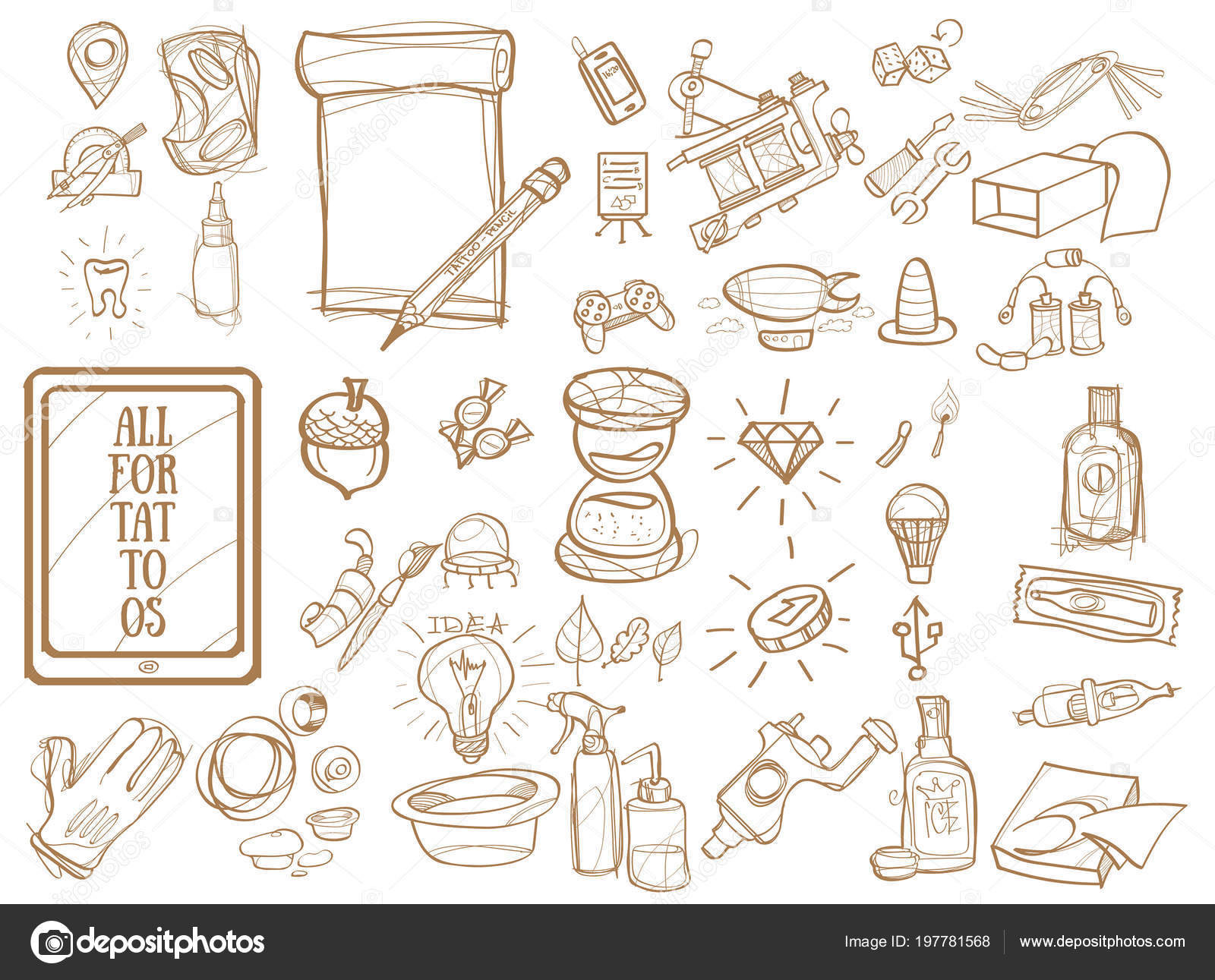 Set Hand Drawn Icons Tattoo Goods Product Design White Background Stock ...