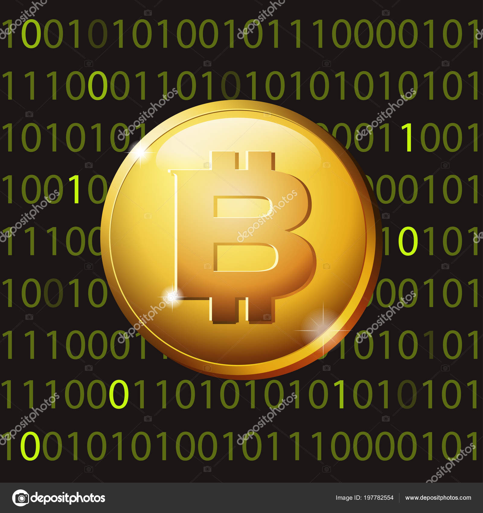 Gold Bitcoin Symbol Dark Matrix Background Binary Code Vector ...