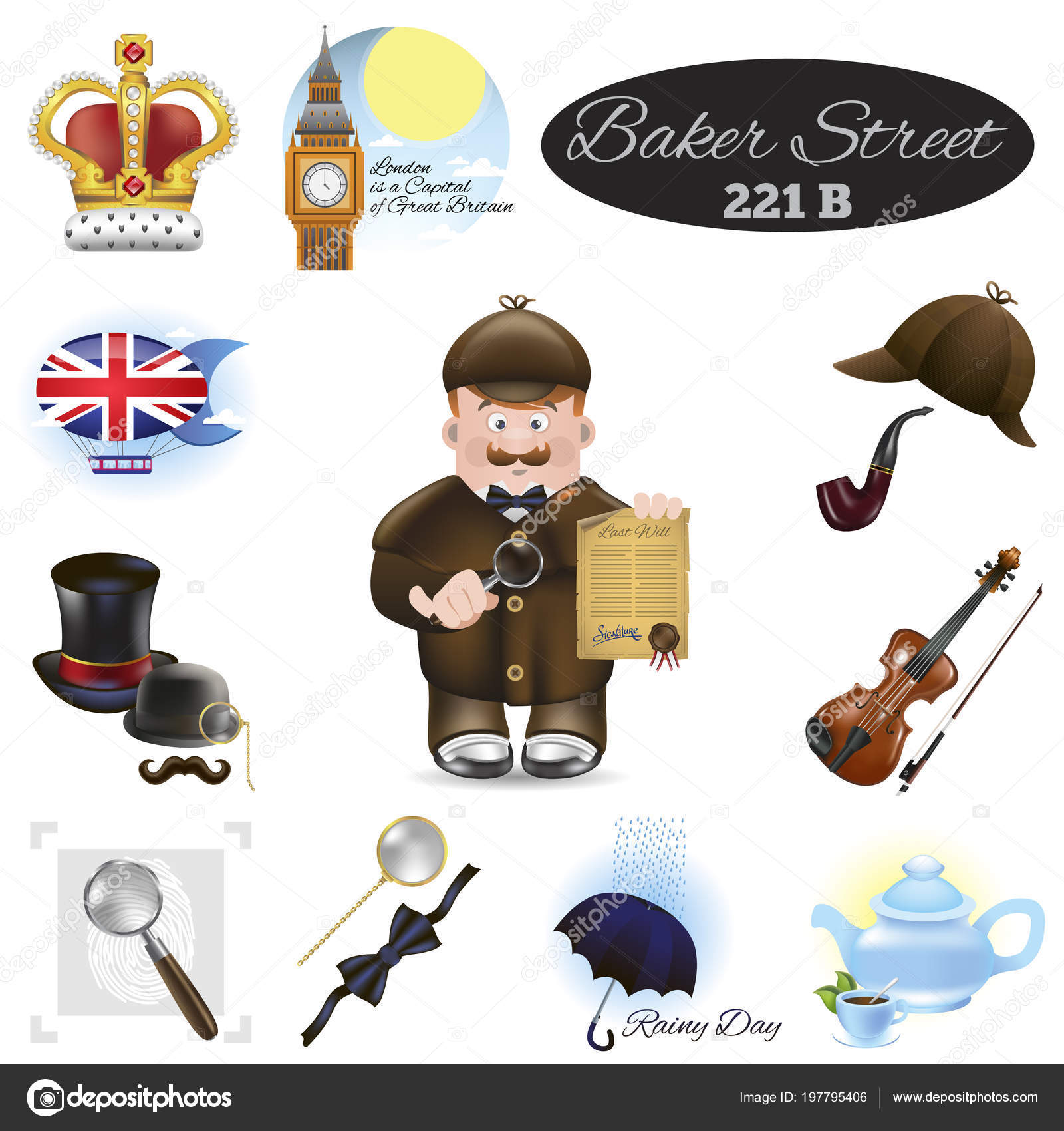 Sherlock Holmes England Character Objects Set Vector Illustrations ...