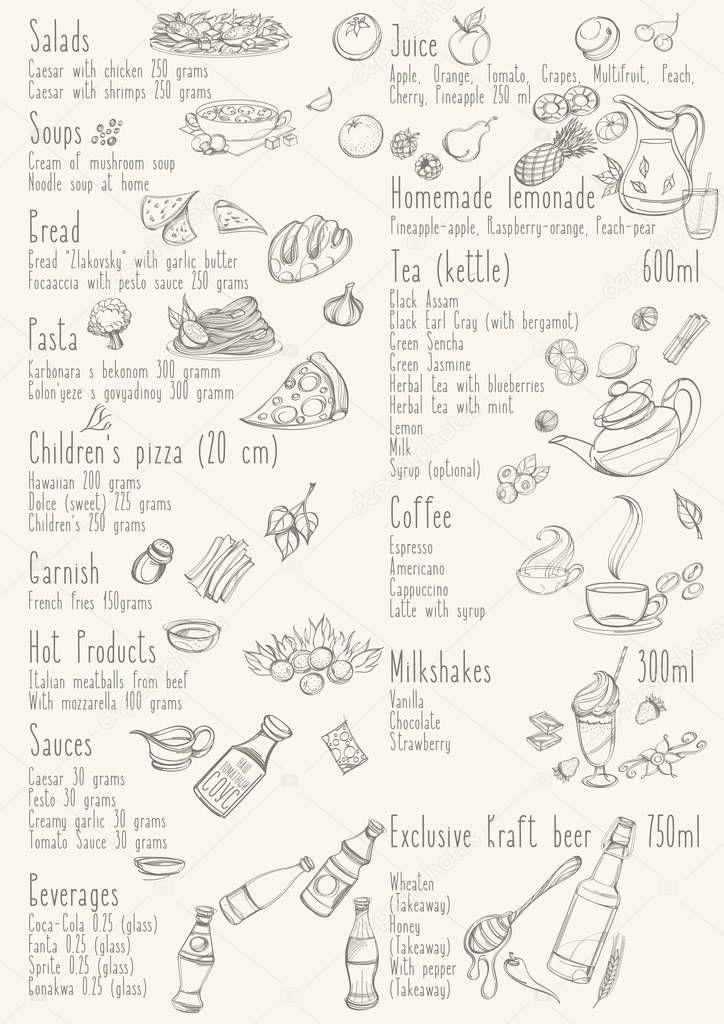 Plantilla de contorno en blanco y negro con comida para crear un menú ...