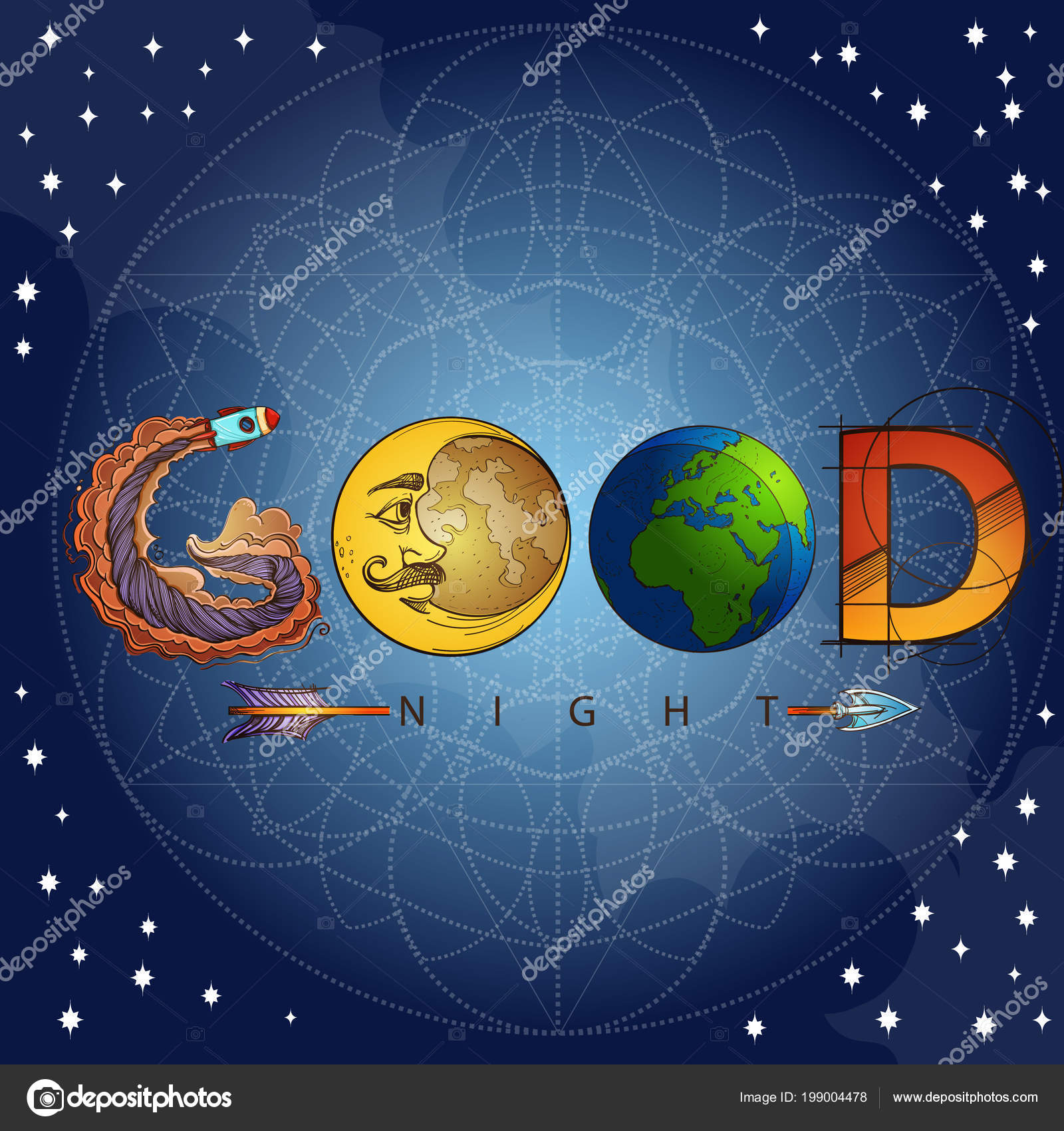 Words Good Night Moon Stars Deep Blue Background Stock Vector by ...