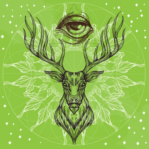 Deer Head Decorative Ornament Leaves All Seeing Eye Green Background ...
