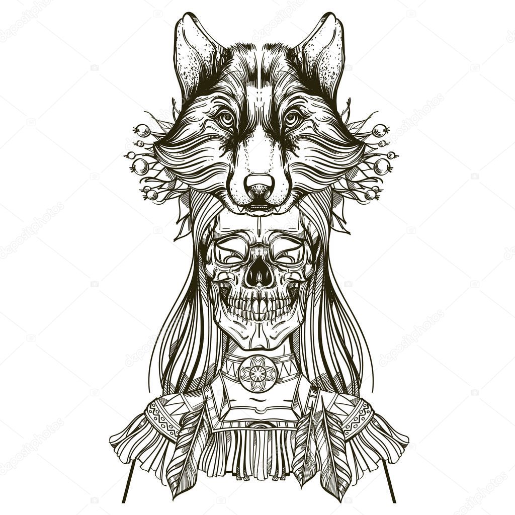 Tatuaje De Calavera Con Tocado De Lobo