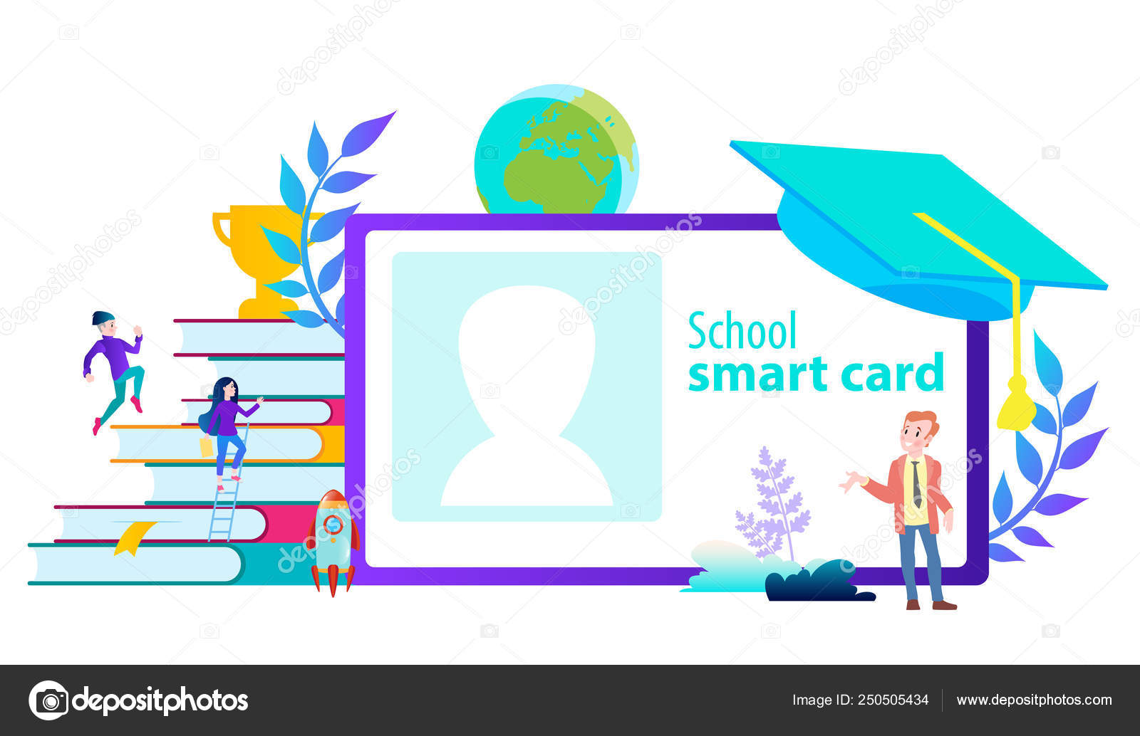 School Smart Card Modern Flat Design Little Characters Vector ...
