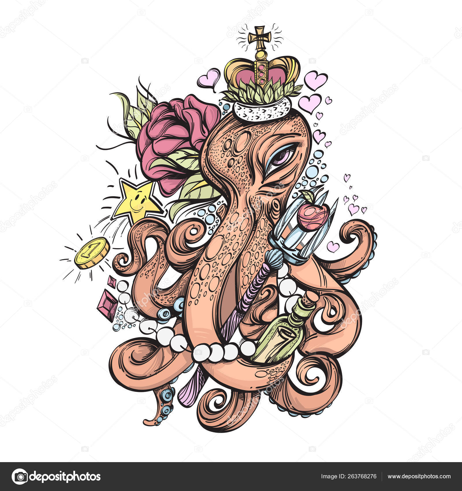 Cute octopus in a crown with a rose and a trident. Vector illustration ...