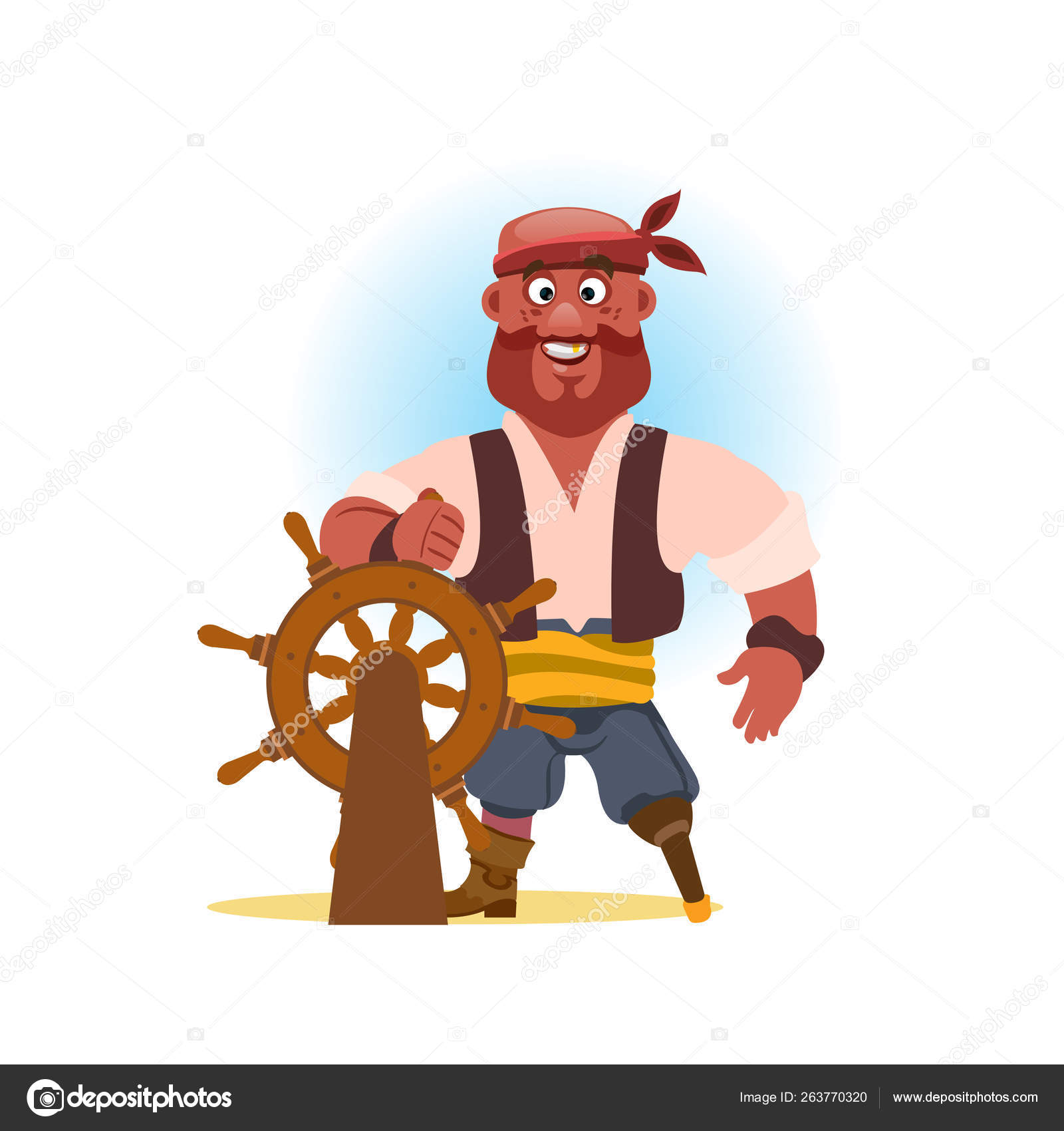 Pirate captain is behind the steering wheel. Vector illustration ...