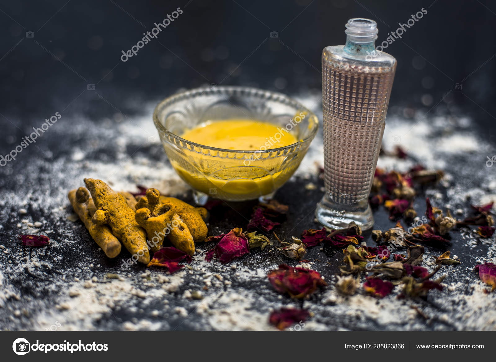 Chickpea Flour Mixed Turmeric Rose Water Glass Bowl Table Making Stock ...