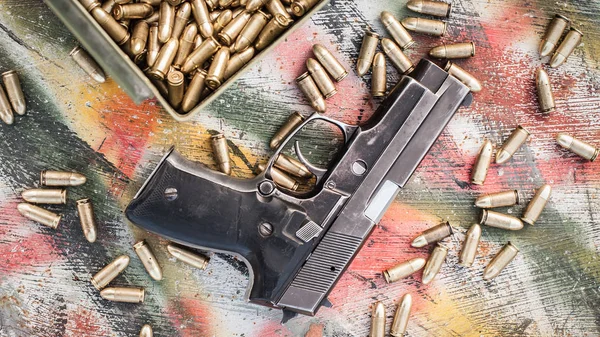 Top View Gun Ammunition Box Table Bullets Pistol Shooting Range Stock ...