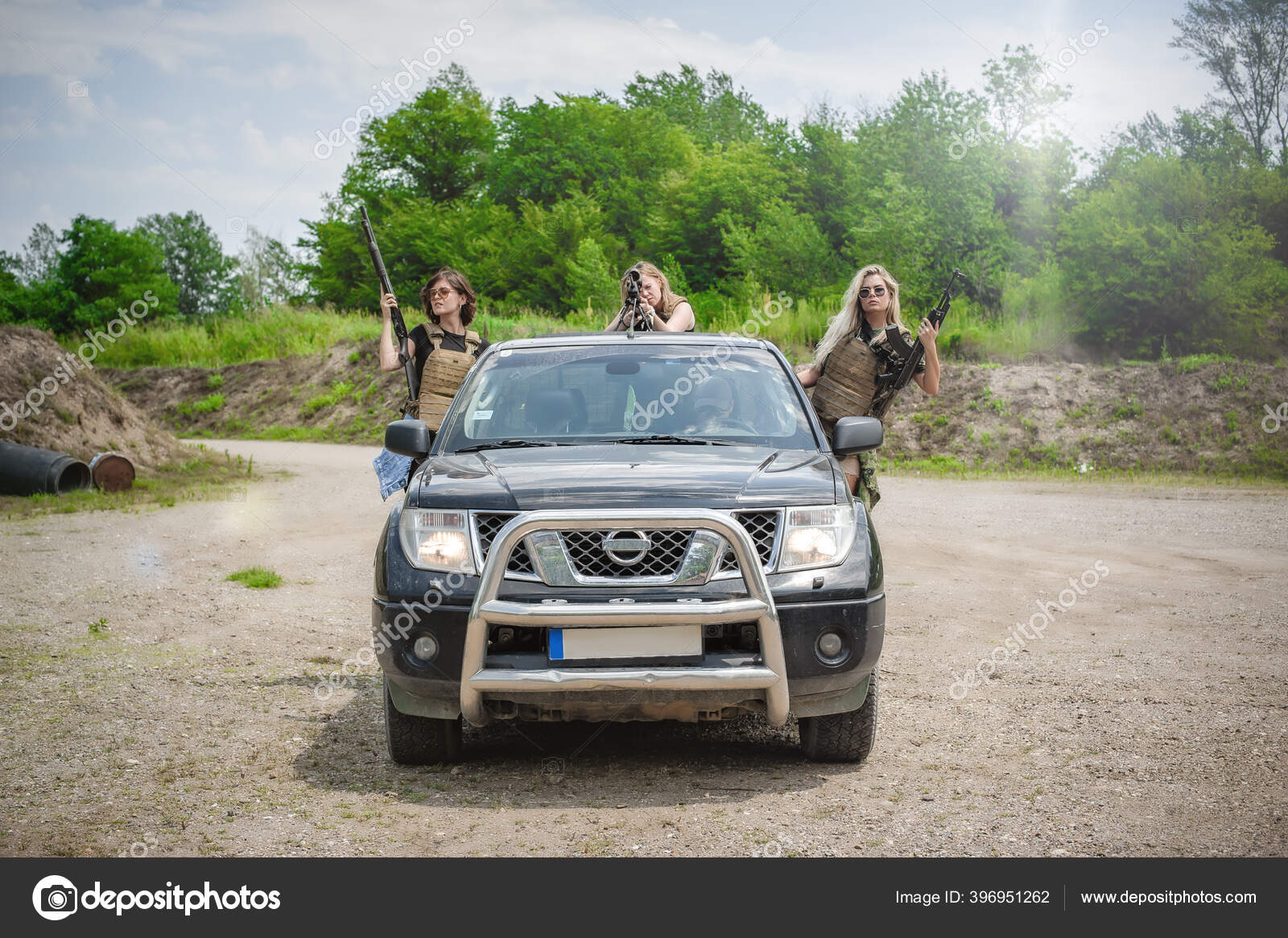 Female Military Security Team Jeep Car Ready Defensive Action Shotgun ...