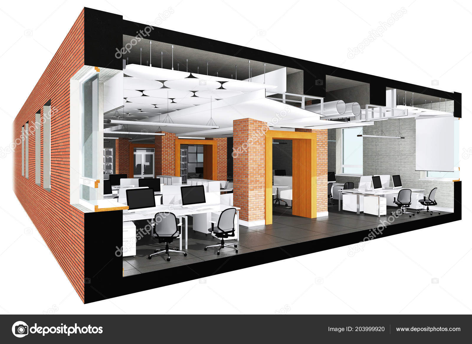 Cross Section Office Space Architectural Visualization Isolated White ...