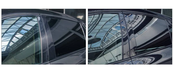 tinted black car Windows that reflect the glass ceiling - Stock Image ...