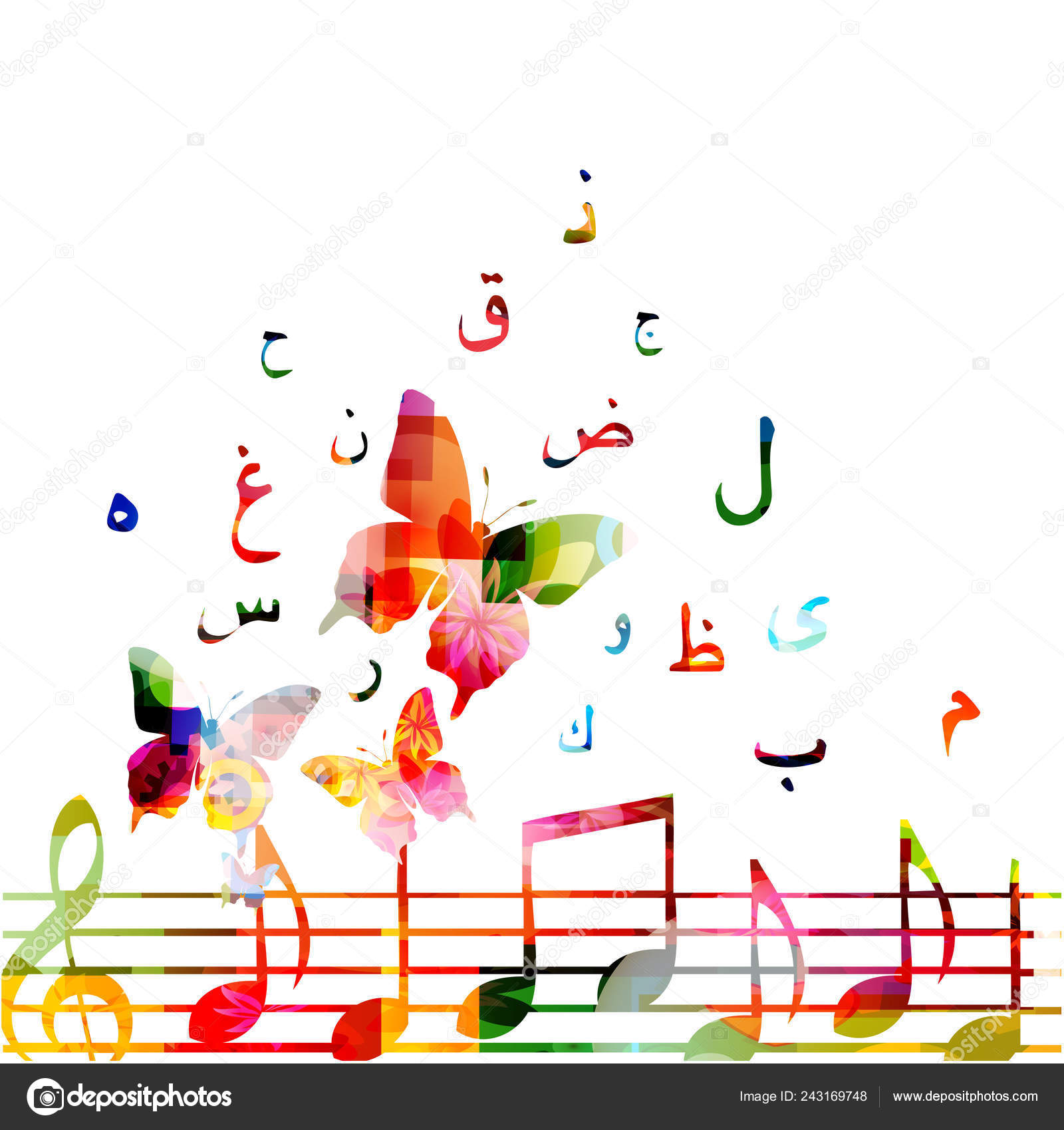 Farbenfrohe Musiknoten Mit Arabischen Kalligraphie Symbolen Isoliert ...